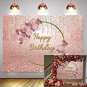 Pink Rose Gold Happy Birthday Photography Backdrop Glitter Sparkle Balloon Women Sweet Princess Girl Women Birthday Party Photo Background Dessert Cake Table Decor Props(7x5FT)