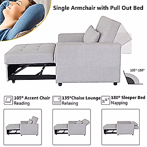 Setawix Convertible Chair Bed 3-in-1, Multi-Functional Sleeper Sofa Chair with Adjustable Backrest, Single Sofa Chair with Side Pocket and Pull Out Bed, Folding Recliner Chair (Linen, Grey)