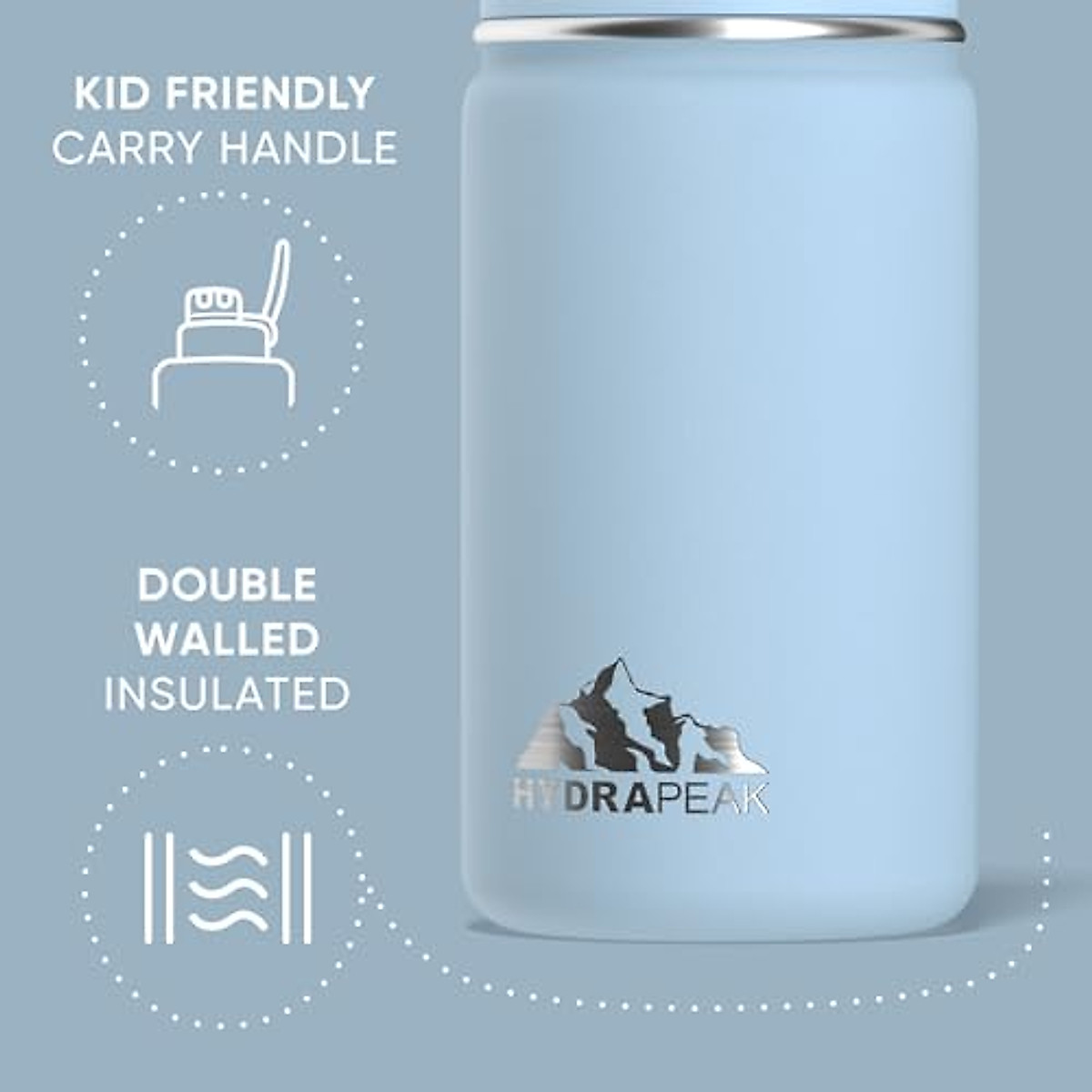 Hydrapeak Mini 14oz Water Bottle with Straw Lid, Stainless Steel Double Wall Insulated Water Bottle | Leak-Proof and Spill-Proof Water Bottle, 24 Hours Cold (Cloud)