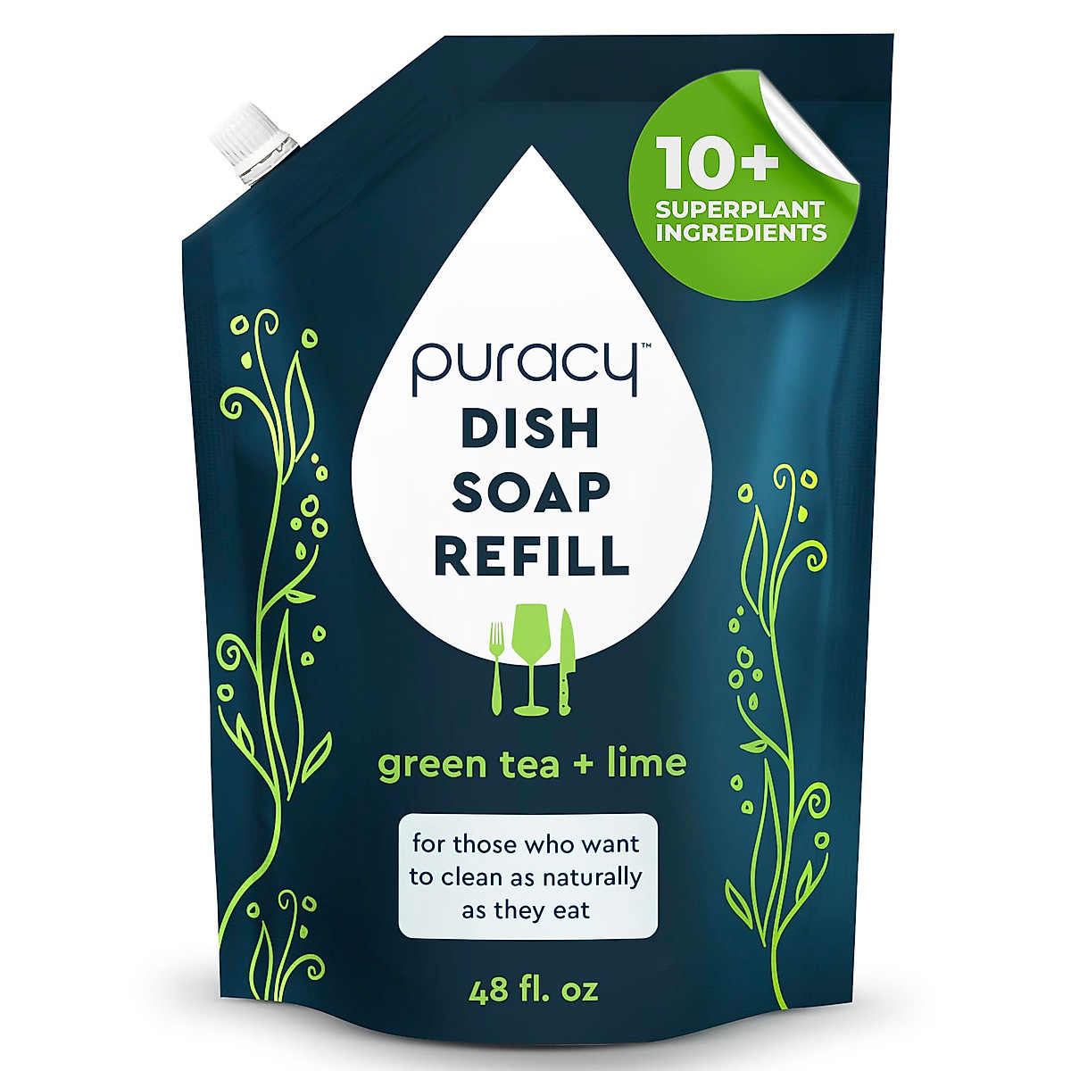Puracy Natural Dish Soap Refill - Skin-Softening Plant-Based Liquid Dishwashing Detergent Soap, Clean-Rinsing Water-Sheeting Formula (Green Tea & Lime, 48 fl oz)