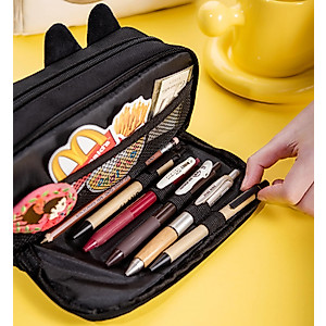 Hongdian Large Capacity Pencil Case Black Color, 3D Cat Pen Bags Pencil Pouch Organizer for Office College School