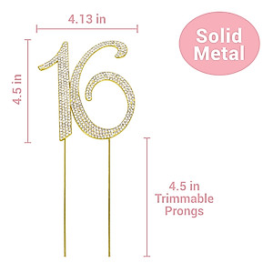 16 Cake Topper - Premium Gold Metal - Sweet 16 Birthday Party Sparkly Rhinestone Decoration Makes a Great Centerpiece - Now Protected in a Box