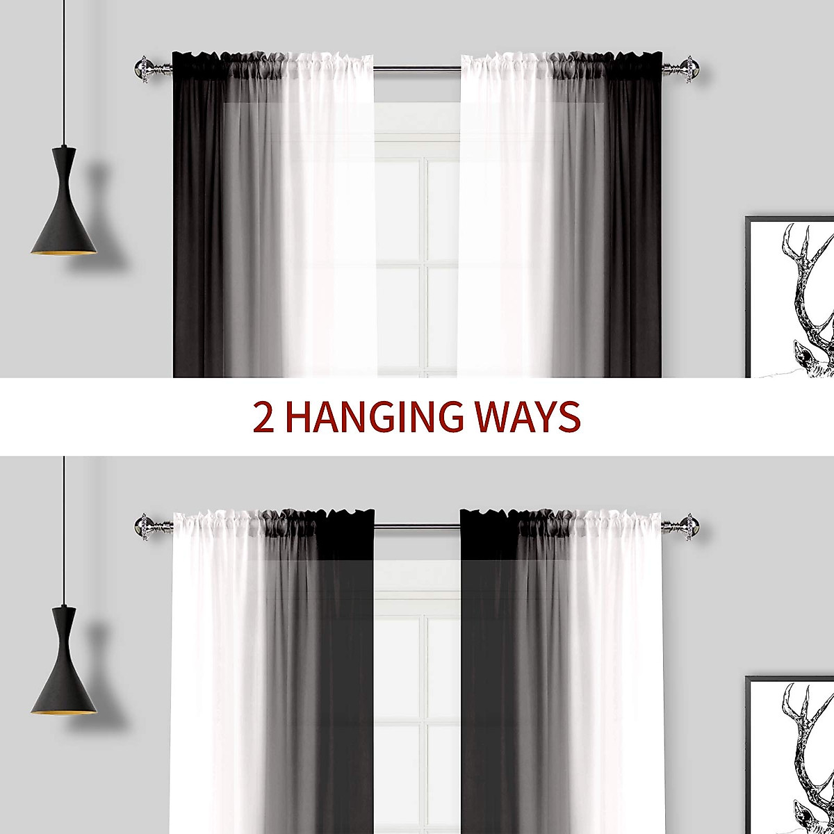 Melodieux Black Ombre Sheer Curtains 84 Inches Long for Living Room, Bedroom Chiffon Black White Gradient Rod Pocket Voile Drapes, 52 by 84 Inch, 2 Panels