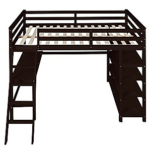 DEYOBED Full Size Wooden Loft Bed Frame with Under-Bed Desk and 4-Tier Storage Shelves - Stylish and Practical Furniture for Enhanced Bedroom Organization