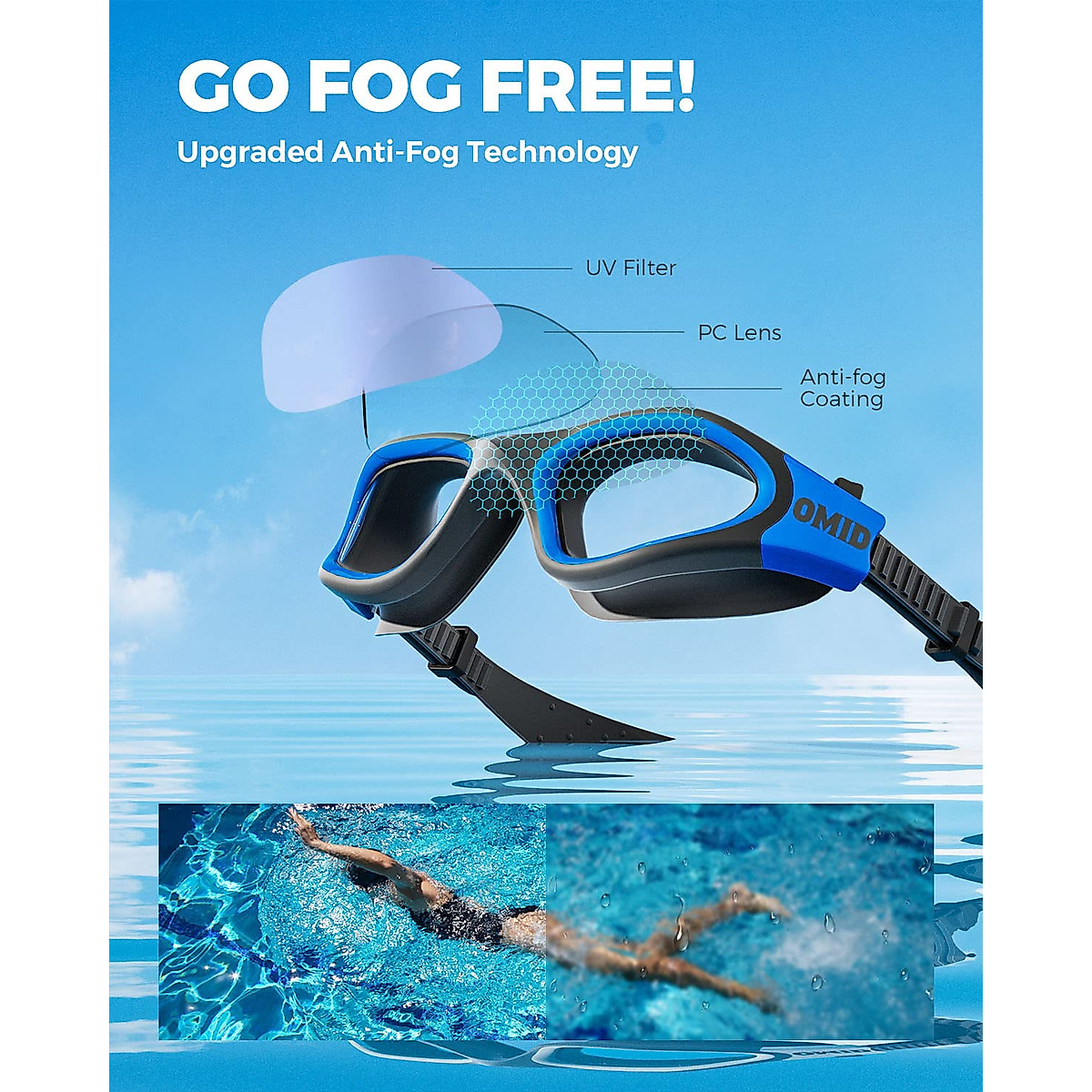 OMID Swim Goggles, P2 Lite Comfortable Anti-Fog Swimming Goggles for Men Women Adults Youth