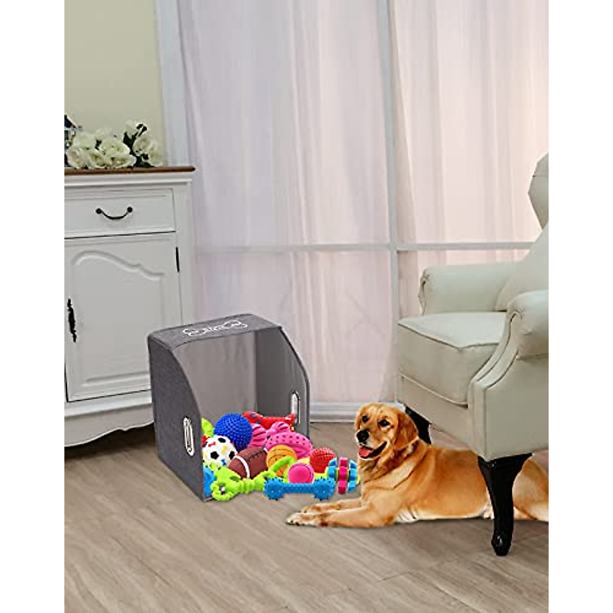 Brabtod Foldable Storage Bin - Rectangle Storage Basket with Handle, Organizer Bin for Pet Toys, Diaper, Shelves, Closet -Gray