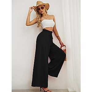 AusLook Women's Wide Leg Dress Pants with Pockets Black XX-Large Lightweight Elastic High Waisted Adjustable Tie Knot Flowy Loose Slacks Lounge Casual Ladies Beach Pleated Trousers