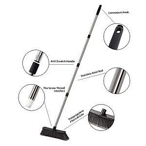 YCUTE Push Broom Brush, Multi-Surface Soft Sweeping Broom with 54” Adjustable Stainless Steel Long Handle for Bathroom, Kitchen, Store, Office, Patio, Garage, Deck, Concrete, Wood, Stone, Tile Floor