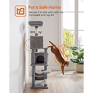 Feandrea Cat Tree, 61-Inch Cat Tower for Indoor Cats, Plush Multi-Level Cat Condo with 5 Scratching Posts, 2 Perches, 2 Caves, Hammock, 2 Pompoms, Light Gray UPCT192W01