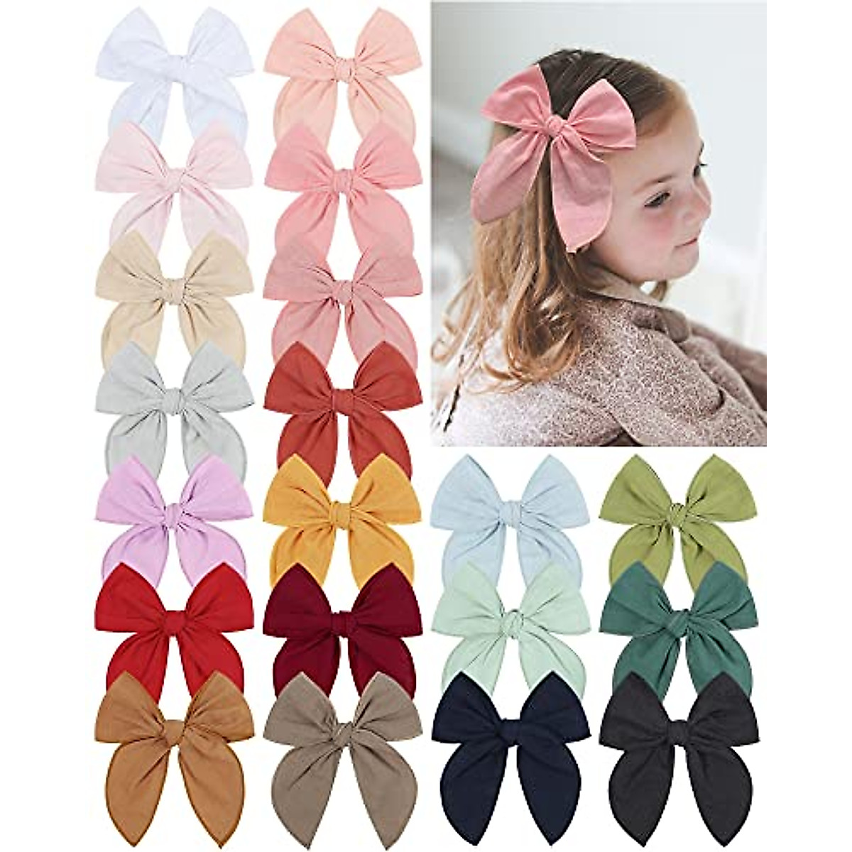 doboi 20PCS Fable Bows 4.5 Inch Hair Bows Clips Baby Girls Hair Clips Cotton Linen Bows for Girls Solid Color Hair Accessories for Baby Toddlers Kids