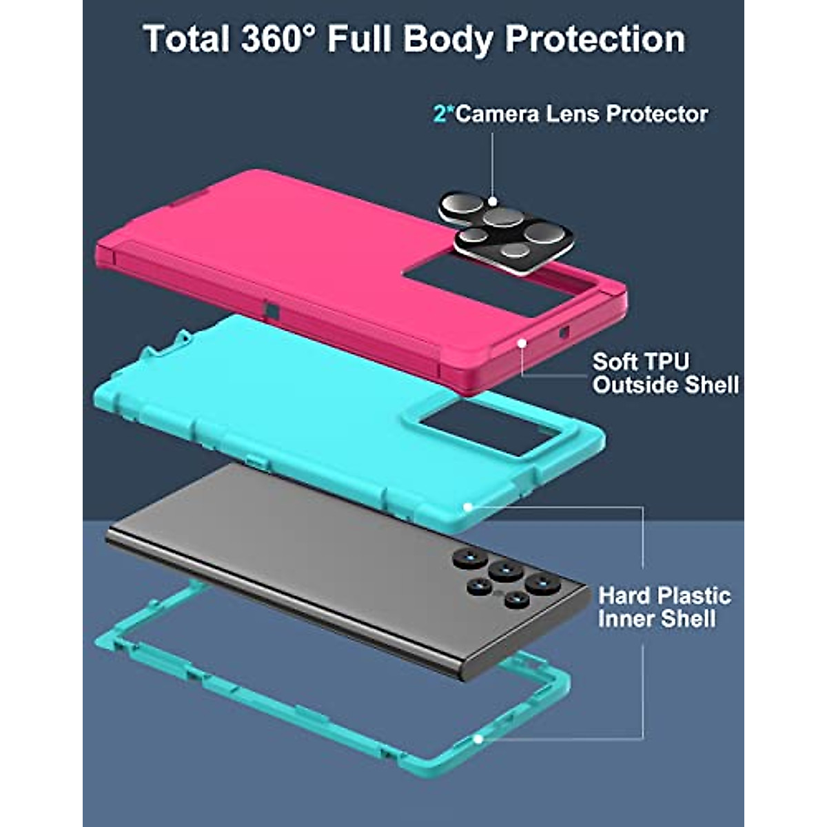 Danhon Samsung Galaxy S22 Ultra Case 6.8" - Heavy Duty Military Grade Protection, Shockproof, Camera Lens Protectors (Pink/Blue)