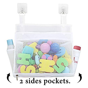 Bath Toy Organizer Multiple Ways to Hang, Extra Large Opening Bathroom Toy Holder, Bottom Zipper Bathtub Toy Storage Bag (White)
