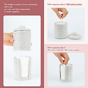 KEYPOWER Bling Rhinestone Cotton Ball Pad Swabs Make Up Pads Dispenser Holder Acrylic Jar with Lid Multi-function Organizer Container (White)