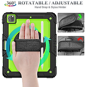 SEYMAC stock Case for iPad Pro 12.9'' 2022/2021/2020/2018 with Screen Protector 360 Rotating Stand Hand Strap, Drop-Proof Case for iPad Pro 12.9''(6th/5th/4th/3rd Generation), Green/Black