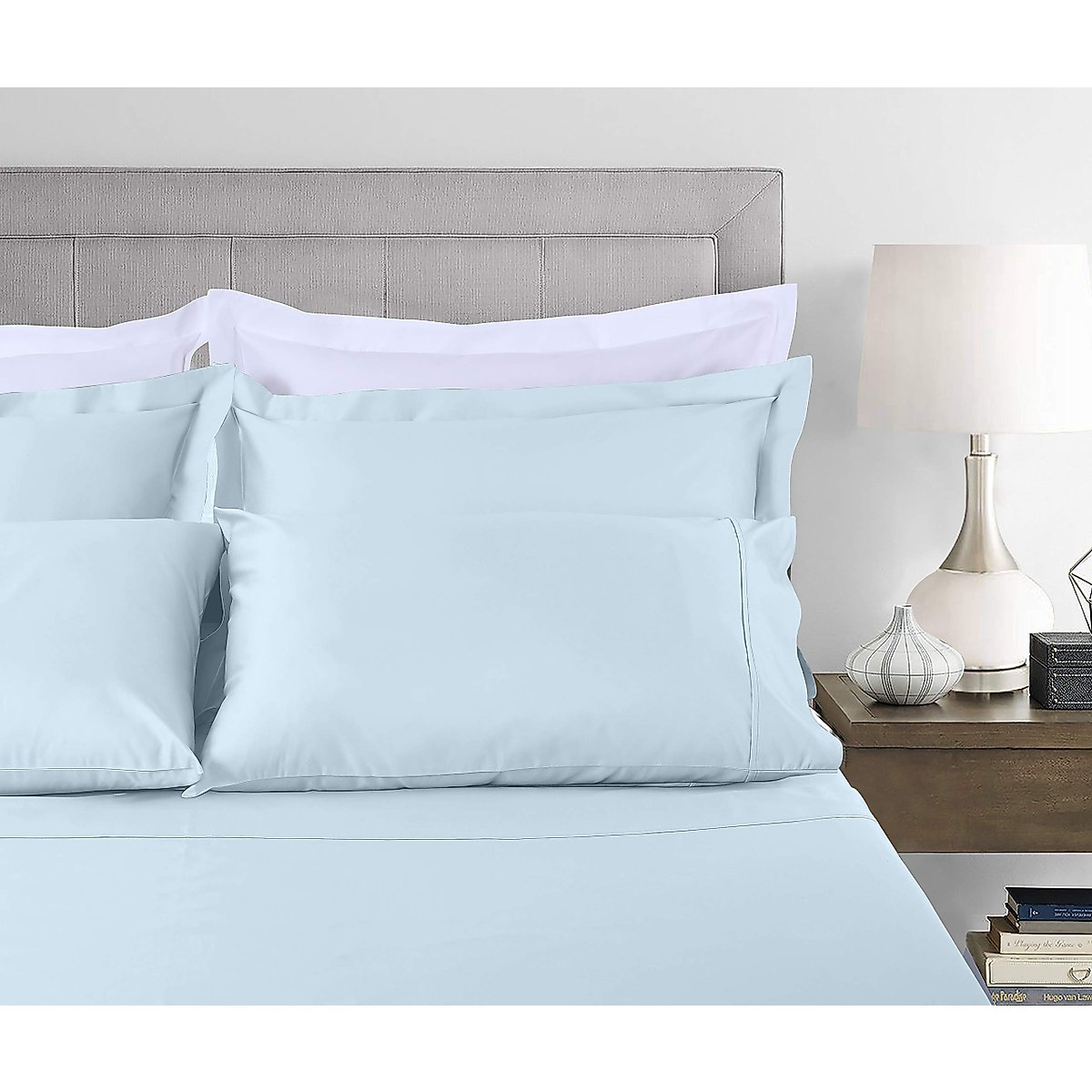 Threadmill Full Size Sheet Set | 100% Cotton Sheets | Solid Sateen Full Bed Sheets Set with 16' Elasticized Deep Pocket | Soft Breathable 4-Piece Cooling Sheet Set | Light Blue