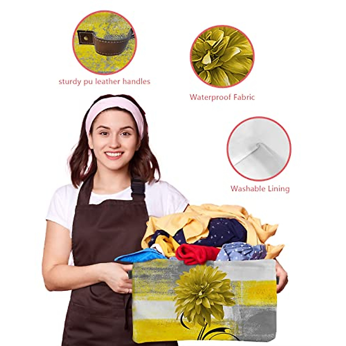 Yellow Dahlia Watercolor Plant Lines Cube Storage Organizer Bins with Handles,15x11x9.5 Inch Collapsible Canvas Cloth Fabric Basket,Abstract Modern Grey Yellow Oil Painting Art Books Toys Boxes