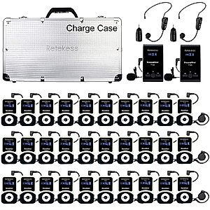 Retekess T130 Tour Guide System, Tour Guide Headsets with 2 Wireless Mic, 32-Slot Charge Case, Assistive Listening System for Church,School(2 Transmitters 30 Receivers)