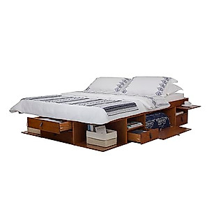 memomad Bali Slim Set: Storage Platform Bed with Drawers + Flat Panel Headboard (Queen Size, Caramel Brown Wood)