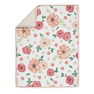 Sweet Jojo Designs Peach and Green Shabby Chic Watercolor Floral Baby Girl Crib Bedding Set - 4 pieces - Pink Rose Flower Polka Dot