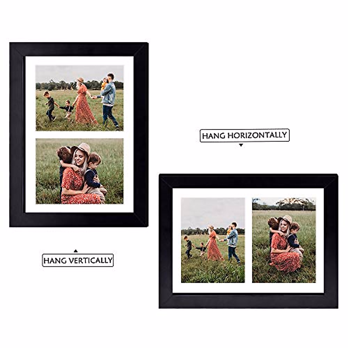 Golden State Art, 8.5x11 Black Wooden Picture Frame - White Mat for 2-5x7 Photos or 8.5x11 Certificate Without Mat - Real Glass - Easel Stand for Landscape/Portrait Table Display