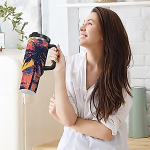 FRCSDIY Coconut Trees and The Sun Insulated Tumbler with Handle and Straw Lid,30oz Leakproof Stainless Steel Cup BPA-Free Water Bottle