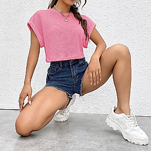 Meladyan Women’s Casual Waffle Knit Crop Tee Top Batwing Short Sleeve Crew Neck Solid Cropped T Shirt Tops Pink