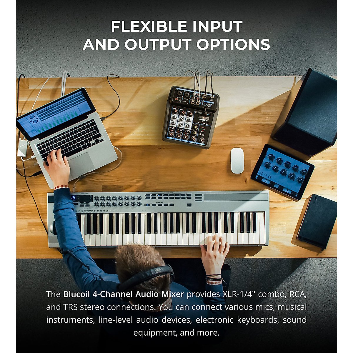 Blucoil 4-Channel Audio Mixer with 48V Phantom Power, 2-Band EQ, Delay and Repeat Effects, Bluetooth, XLR Microphone and MP3 USB Inputs for Home Studio Recording on Windows and Mac