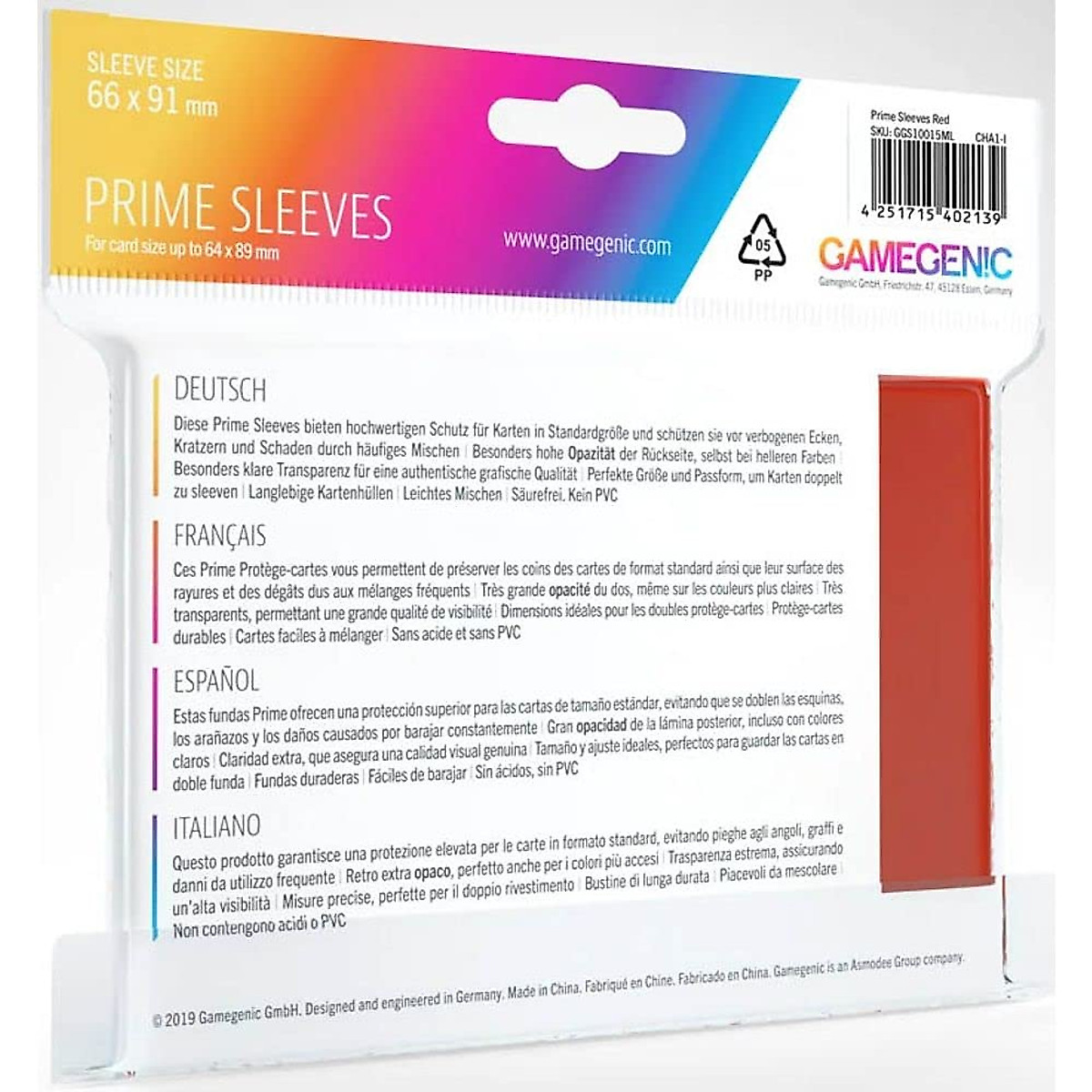 Prime Standard-Sized Card Sleeves | 100 Pack of 66 mm by 91 mm Card Sleeves | Premium Quality Card Game Holder | Use with TCG and LCG Games | Extra High Clarity | Red Color | Made by Gamegenic