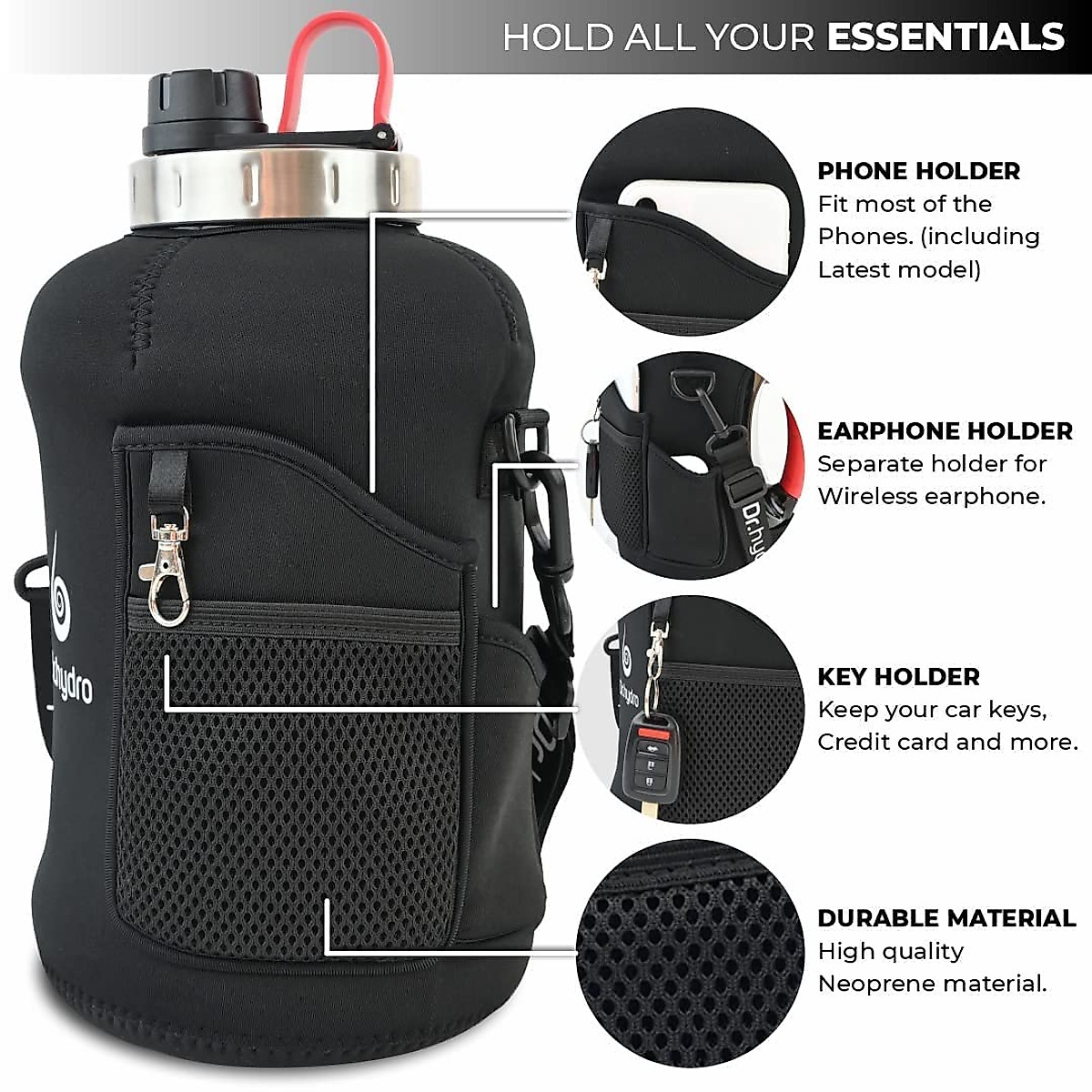 DR.HYDRO 3.2L Gallon Water Bottle with Insulated Storage Sleeve with Straw and Silicon Handle- BPA Free Large 100 oz water jug with Straw, reusable gallon jug perfect for Gym (Red Black)