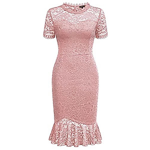 Miusol Women's Retro Floral Lace Short Sleeves Cocktail Party Formal Dress (Medium, Pink)