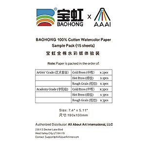 Baohong Watercolor Paper, 190x130mm Sample Pack, 100% Cotton, 140lb/300gsm, 15 Sheets (5xTextured Cold Press, 5xHot Press and 5xRough)