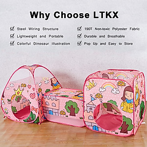 LTKX 3pc Kids Play Tent for Girls, Crawl Tunnel, Princess Tents for Toddlers, Indoor/Outdoor Pop Up Playhouse for Baby, Pink