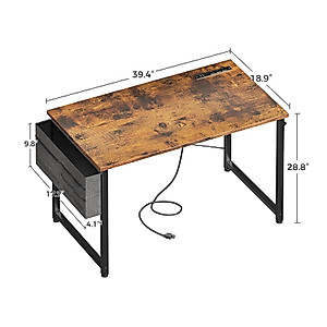 Casaottima 40 inch Computer Desk, Modern Simple Style Desk for Home Office, Study Student Writing Desk with Charging Station Outlets Built in, Rustic