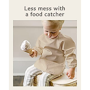 WILLOW + SIM Long Sleeve Baby Bibs - Wipe Clean, Washable with Food Catcher - Long Sleeve Bib for Babies, Toddler - Parchment