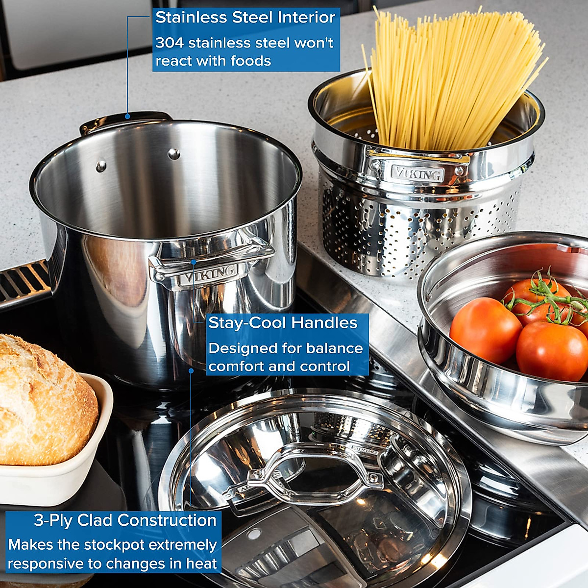 Viking Culinary 3-Ply Stainless Steel Pasta Pot, 8 Quart, Includes Pasta & Steamer Insert, Dishwasher, Oven Safe, Works on All Cooktops including Induction