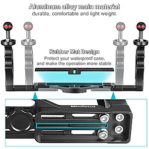 MINIFOCUS Underwater Camera Handle Tray Bracket, Dual Handle Extendable Aluminum Alloy Video Stabilizer Holder with 2 1'' Ball Clamp Mount for Underwater Camera Diving Housings