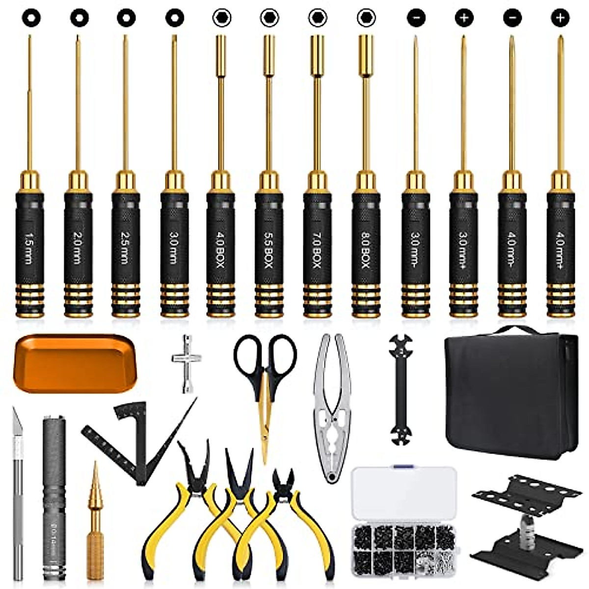 RC Car Hobby Tool Kit: Screwdriver Set (Hex Nut Slot Phillips), Pliers, Wrench, Stand, Body Reamer, 26 Pcs Repair Tools for RC Drone Helicopter Airplane Compatible with Traxxas Arrma RC Cars