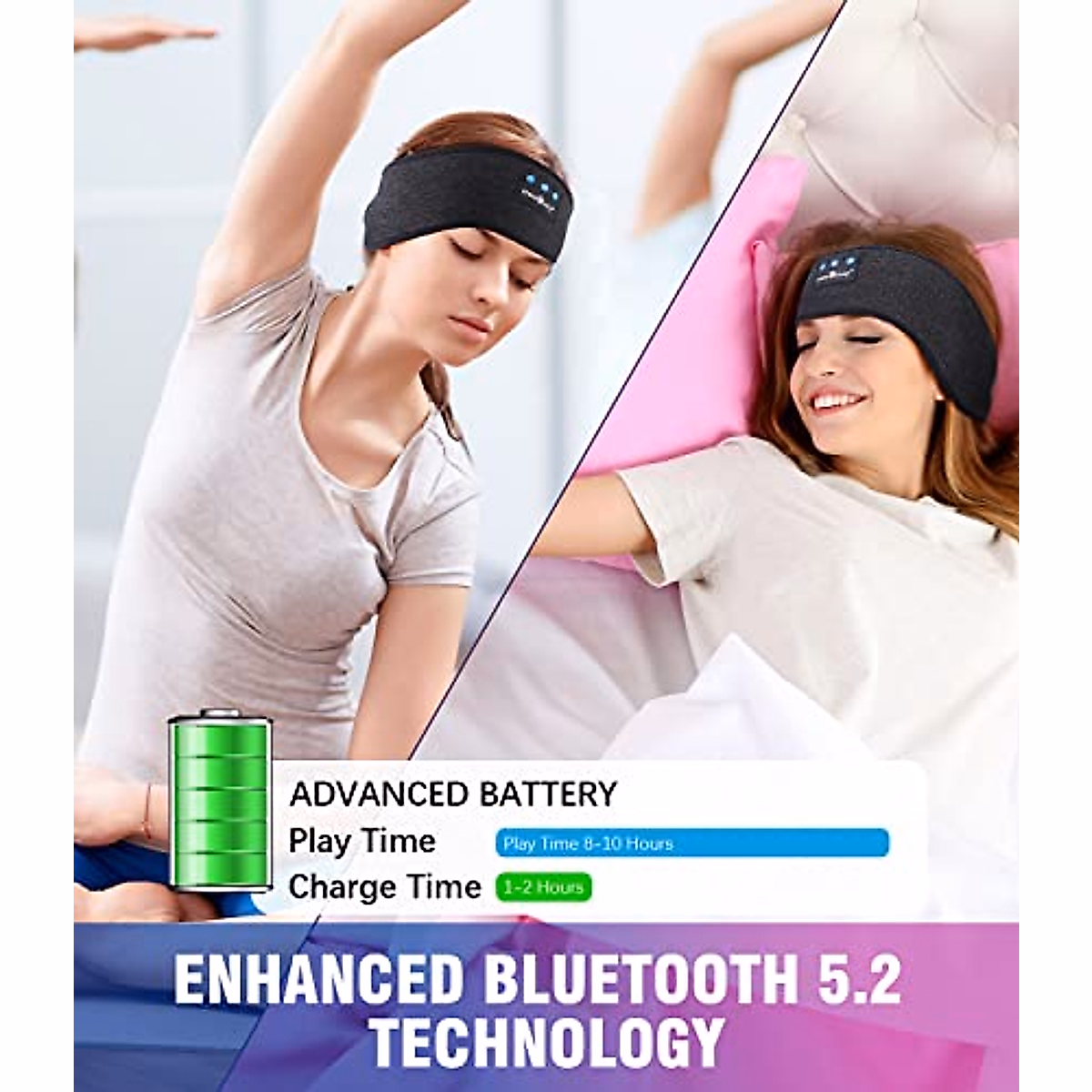 MUSICOZY Sleep Headphones Bluetooth Sports Headband, Wireless Music Sleeping Headphones Sleep Eye Mask Earbuds for Side Sleepers Workout Running Insomnia Travel Yoga Office, Pack of 2