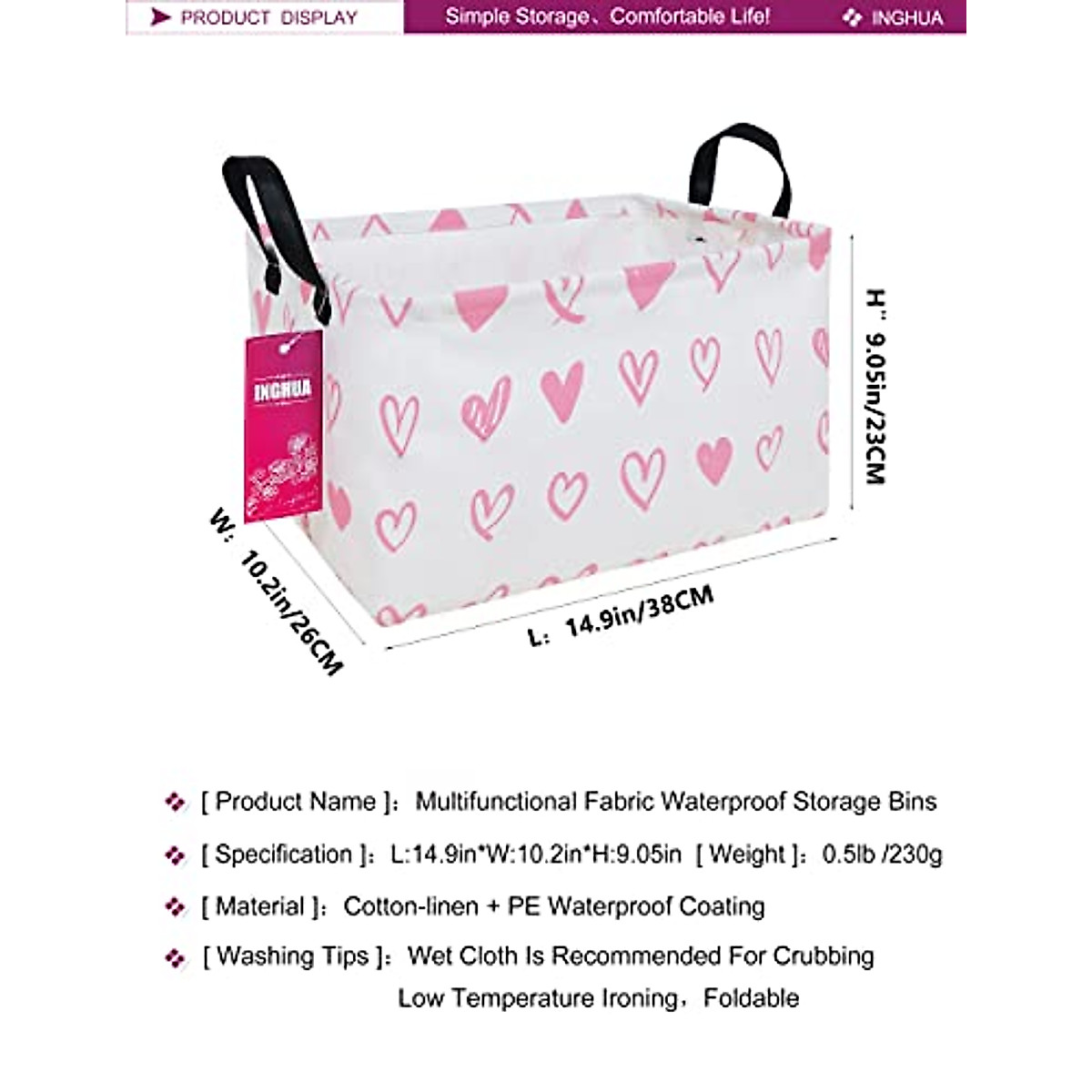 INGHUA Rectangular Storage Basket Fabric Organizer Bin for Toys,Books,Clothes,Gifts,Pets-Perfect for Home,Office,Nursery,Dorm,Shelf(Rec-Pink Hearts)