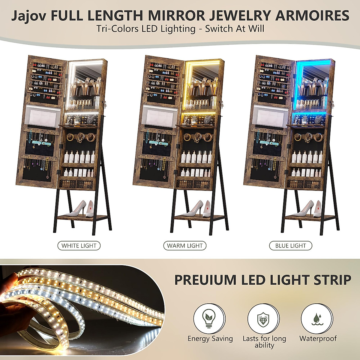 jajov 47.2" LED Jewelry Cabinet Armoire, Standing Full-Length Mirror With Jewelry Storage, Jewelry Organizer Armoire, Lockable Jewelry Mirror Cabinet (Rustic Brown)