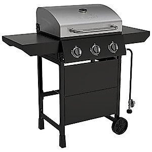 Nexgrill Premium 3 Burner Propane Barbecue Gas Grill, Side Table Open Chart with Wheels, Outdoor Cooking, Patio, Garden Barbecue Grill, 27000 BTUs, Black and Silver
