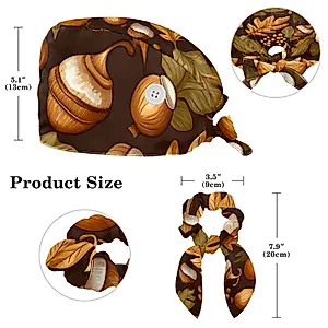 Happy Thanksgiving Acorns Bouffant Working Cap with Ribbon Tie for Women Long Hair, Scrub Surgical Hat, One Size Head Cover