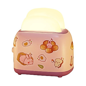 THAYLA Cute Night Lights with USB Rechargeable & Kawaii Stickers for Kids Toaster Lamp Bread Night Light Room Desk Decor for Bedroom, Baby Nursery, Living Room, Dining Pink