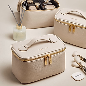 Cosmetic Bag,ROWNYEON Makeup Bag,Portable Makeup Train Case,Travel Toiletry Bag Case Organizer for Women,Beige