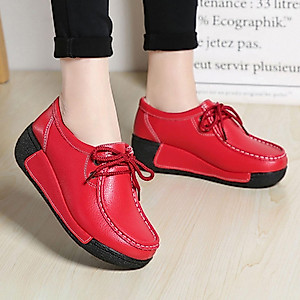 MOYOWEI Women's Leather Platform Wedge Sneakers,Comfort Moc Toe Non-Slip Softsole Lace-up Casual Walking Loafers Boat Shoes (6,Black)