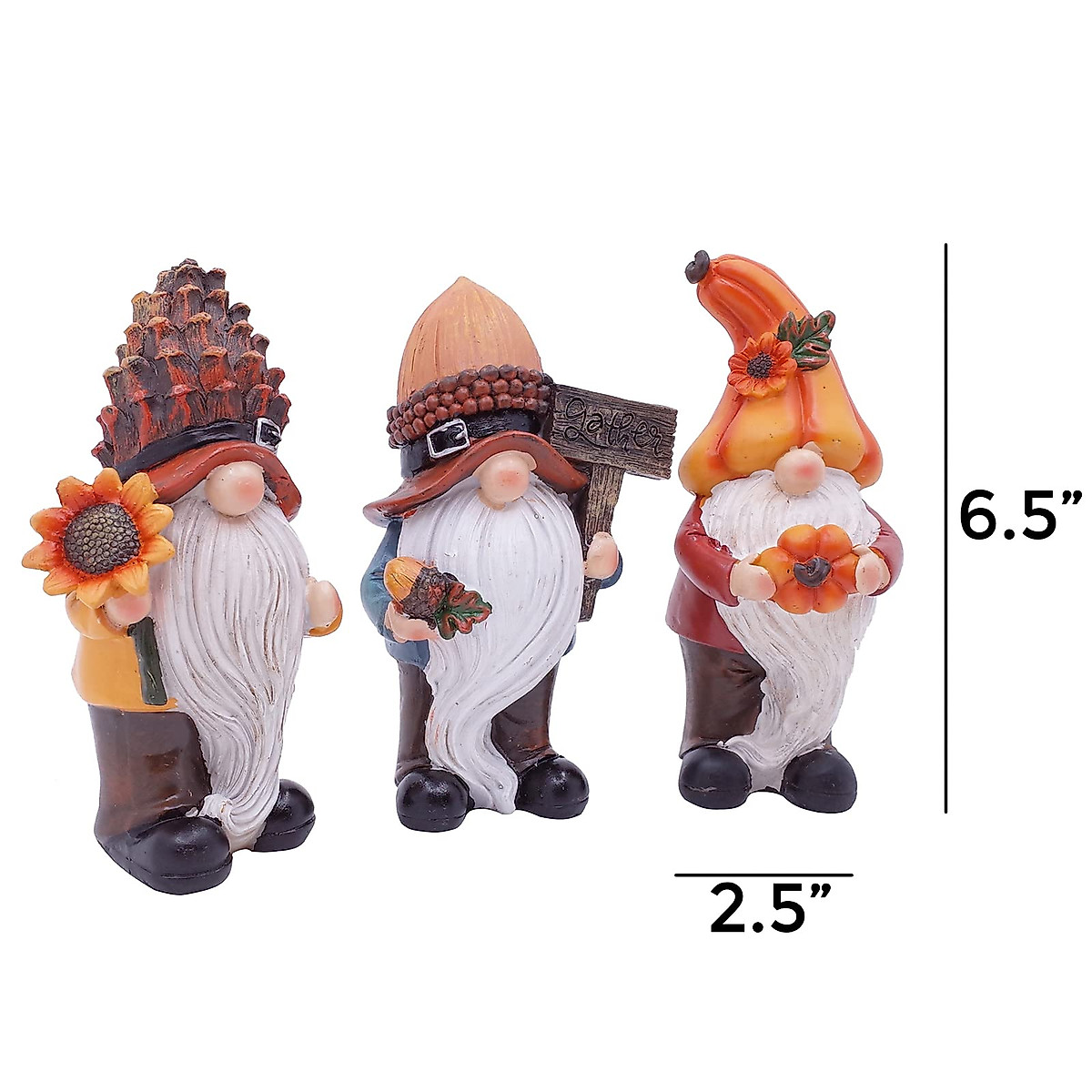 Etistta 3PCS Fall Harvest Gnome Thanksgiving Figurine Decor, 6.5 inch Polyresin Gnomes Sculptures with Pumpkin, Pine Cones, Acorn Hat for Home Tabletop Garden Holiday Decorations