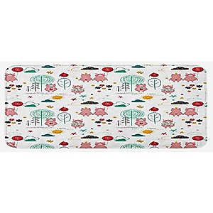 Ambesonne Cartoon Kitchen Mat, Childish Theme Pink Pigs Stars Clouds Flowers Birds and Sun in Style, Plush Decorative Kitchen Mat with Non Slip Backing, 47" X 19", Multicolor