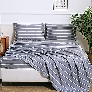 Vaulia Soft Microfiber Bed Sheet, with Deep Pocket and All Around Elastic, Wrinkle Resistant, Grey Stripes Pattern, Full Size 4-Piece Set (1 Fitted Sheet 1 Flat Sheet 2 Pillowcase)