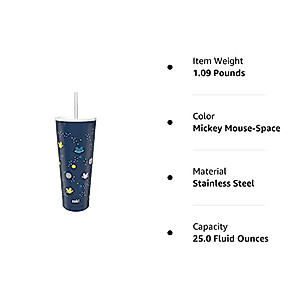 Zak Designs Disney Mickey Mouse Vacuum Insulated Stainless Steel Travel Tumbler with Splash-Proof Lid, Includes Reusable Plastic Straw and Fits in Car Cup Holders (18/8 SS, 25 oz, Space)