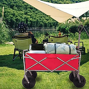 Folding Wagon Cart Beach Wagon Utility Wagon Cart Outdoor Heavy Duty Garden Portable Hand Cart with All-Terrain Wheels & Adjustable Handle (Red+White)